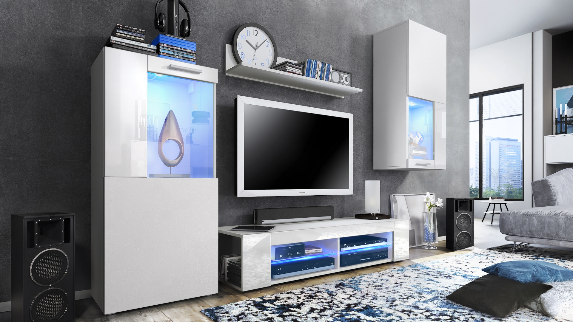 Wohnwand Movie 4 tlg. WeiB mit blauer LED bestehend aus 1 TV Board 2 Vitrinen und 1 Regal WeiB matt WeiB matt WeiB Hochglanz mit Beleuchtung 300 x 190 x 39 cm Absetzungen in WeiB